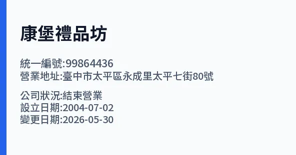 康堡禮品坊的照片-統編 99864436(臺中市) 公司登記資料與營業項目詳細圖表