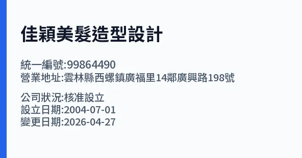 佳穎美髮造型設計的照片-統編 99864490(雲林縣) 公司登記資料與營業項目詳細圖表