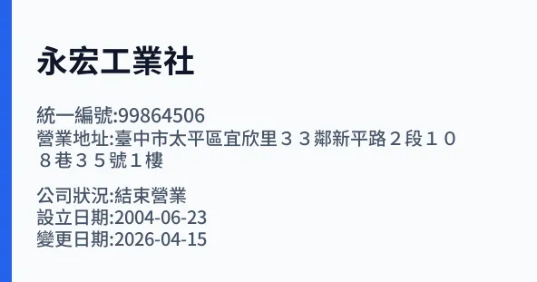永宏工業社的照片-統編 99864506(臺中市) 公司登記資料與營業項目詳細圖表