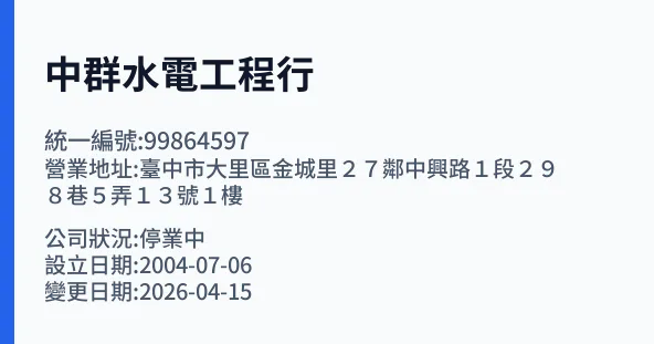 中群水電工程行的照片-統編 99864597(臺中市) 公司登記資料與營業項目詳細圖表