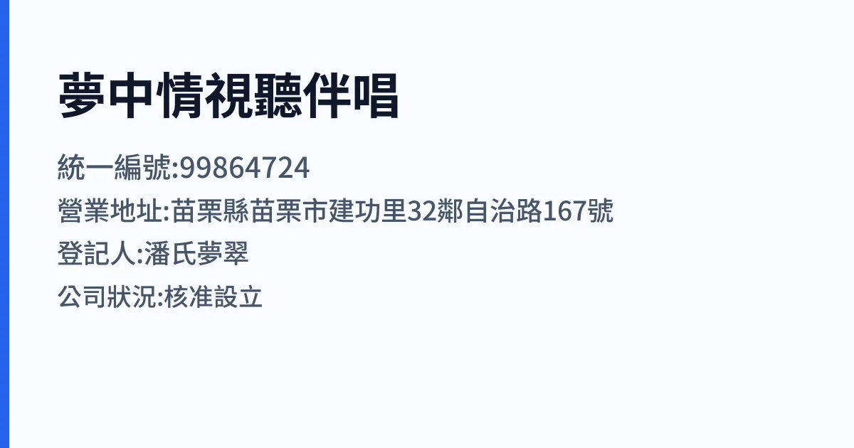 夢中情視聽伴唱 - 統編 99864724(苗栗縣) 公司登記資料與營業項目詳細圖表