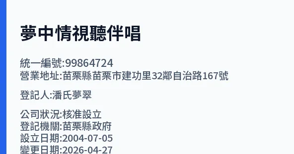 夢中情視聽伴唱的照片-統編 99864724(苗栗縣) 公司登記資料與營業項目詳細圖表