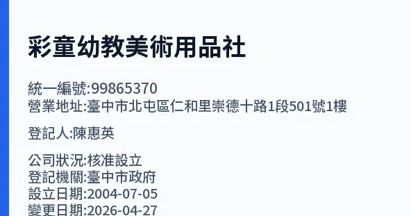彩童幼教美術用品社的照片-統編 99865370(臺中市) 公司登記資料與營業項目詳細圖表