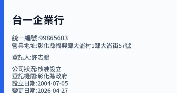 台一企業行的照片-統編 99865603(彰化縣) 公司登記資料與營業項目詳細圖表