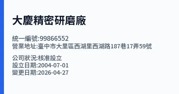 大慶精密研磨廠的照片-統編 99866552(臺中市) 公司登記資料與營業項目詳細圖表