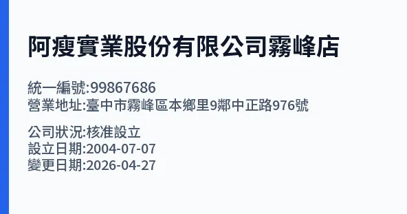阿瘦實業股份有限公司霧峰店的照片-統編 99867686(臺中市) 公司登記資料與營業項目詳細圖表