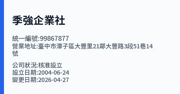 季強企業社的照片-統編 99867877(臺中市) 公司登記資料與營業項目詳細圖表