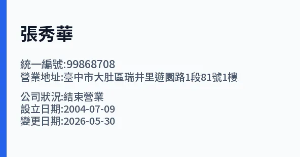 張秀華的照片-統編 99868708(臺中市) 公司登記資料與營業項目詳細圖表