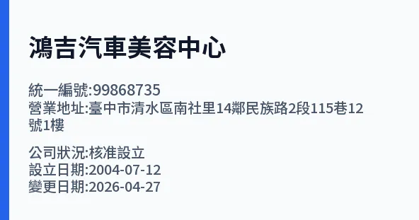 鴻吉汽車美容中心的照片-統編 99868735(臺中市) 公司登記資料與營業項目詳細圖表