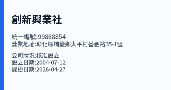 創新興業社的照片-統編 99868854(彰化縣) 公司登記資料與營業項目詳細圖表