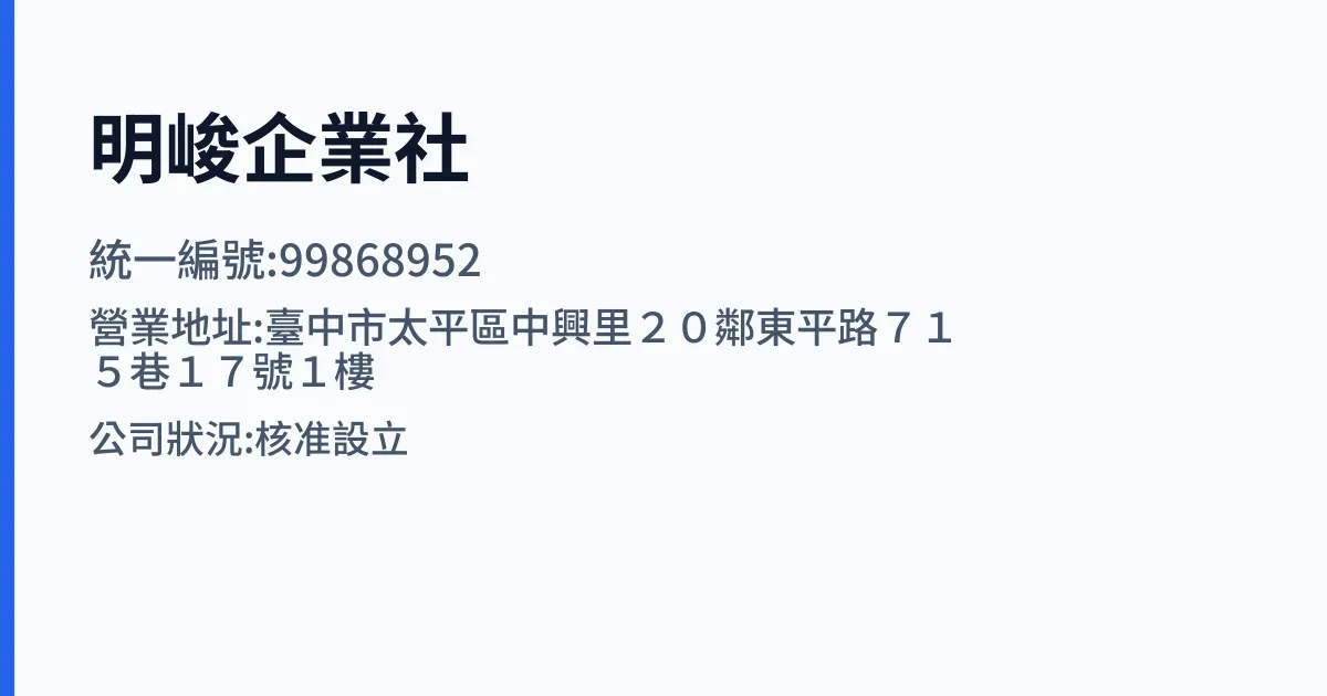 明峻企業社 - 統編 99868952(臺中市) 公司登記資料與營業項目詳細圖表