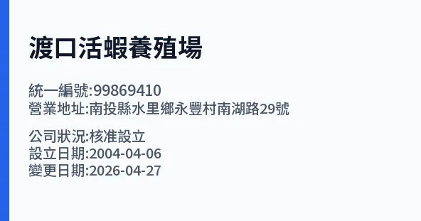渡口活蝦養殖場的照片-統編 99869410(南投縣) 公司登記資料與營業項目詳細圖表