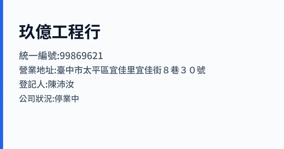 玖億工程行 - 統編 99869621（臺中市） 公司登記資料與營業項目詳細圖表