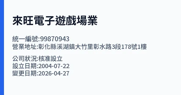 來旺電子遊戲場業的照片-統編 99870943(彰化縣) 公司登記資料與營業項目詳細圖表