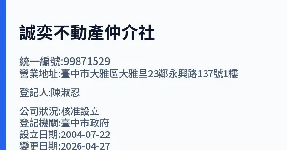 誠奕不動產仲介社的照片-統編 99871529(臺中市) 公司登記資料與營業項目詳細圖表