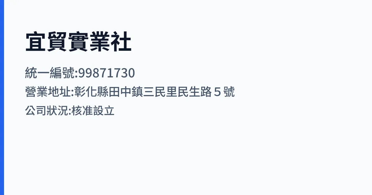 宜貿實業社 - 統編 99871730(彰化縣) 公司登記資料與營業項目詳細圖表