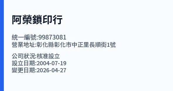 阿榮鎖印行的照片-統編 99873081(彰化縣) 公司登記資料與營業項目詳細圖表