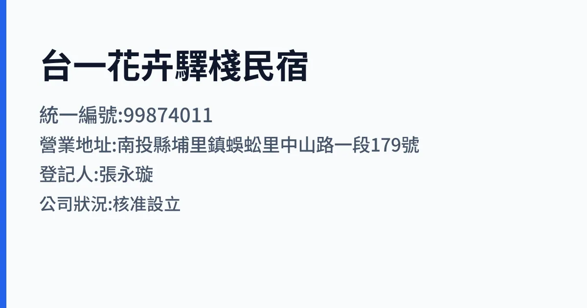 台一花卉驛棧民宿 - 統編 99874011(南投縣) 公司登記資料與營業項目詳細圖表