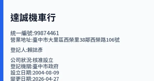達誠機車行的照片-統編 99874461(臺中市) 公司登記資料與營業項目詳細圖表
