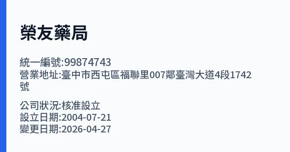 榮友藥局的照片-統編 99874743(臺中市) 公司登記資料與營業項目詳細圖表