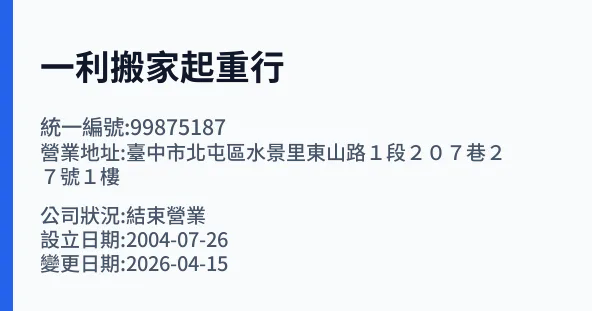 一利搬家起重行的照片-統編 99875187(臺中市) 公司登記資料與營業項目詳細圖表