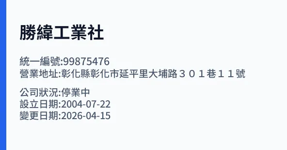 勝緯工業社的照片-統編 99875476(彰化縣) 公司登記資料與營業項目詳細圖表