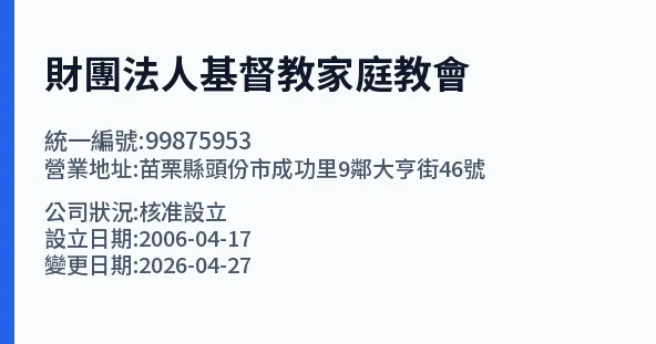 財團法人基督教家庭教會的照片-統編 99875953(苗栗縣) 公司登記資料與營業項目詳細圖表