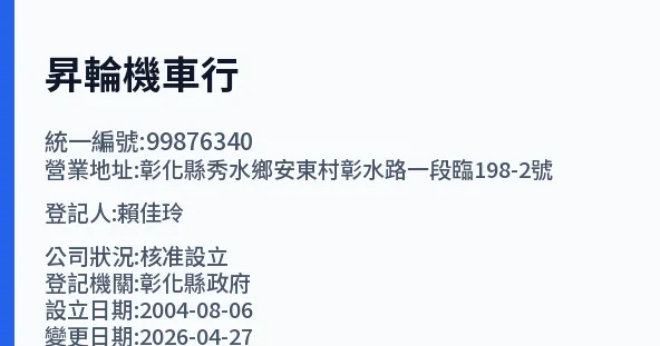 昇輪機車行的照片-統編 99876340(彰化縣) 公司登記資料與營業項目詳細圖表