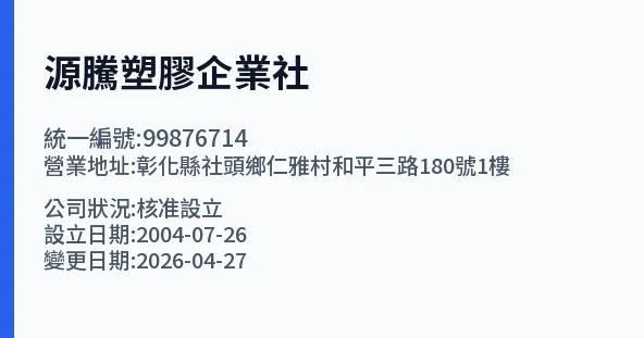 源騰塑膠企業社的照片-統編 99876714(彰化縣) 公司登記資料與營業項目詳細圖表