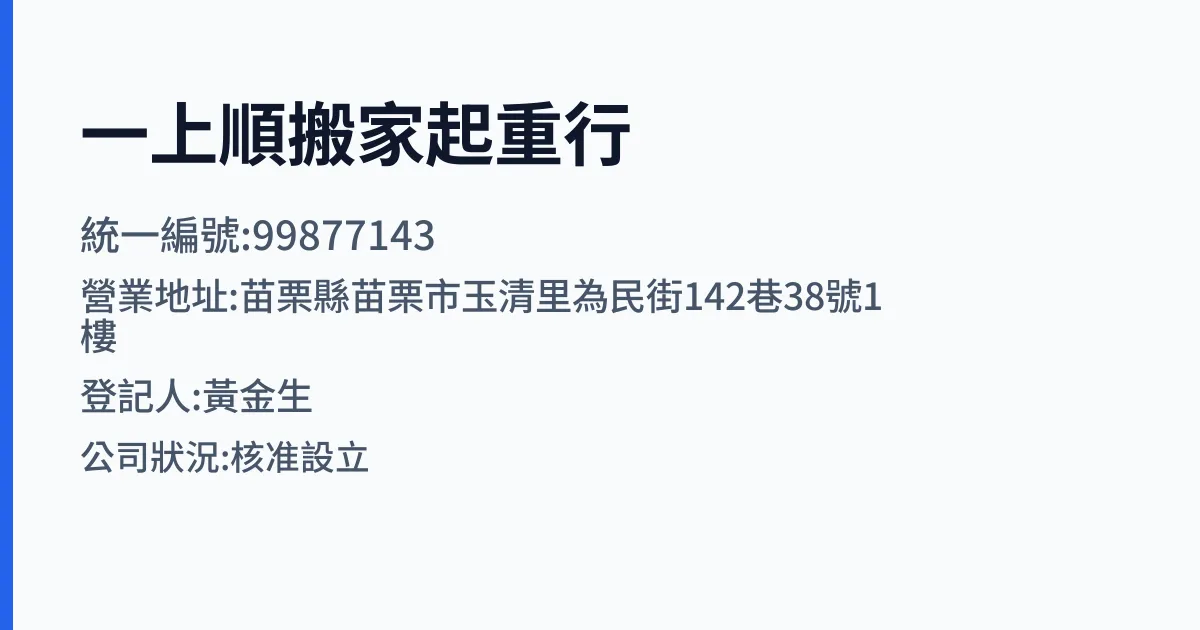 一上順搬家起重行 - 統編 99877143(苗栗縣) 公司登記資料與營業項目詳細圖表
