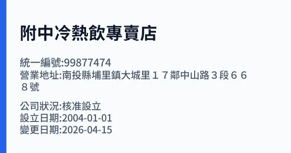附中冷熱飲專賣店的照片-統編 99877474(南投縣) 公司登記資料與營業項目詳細圖表