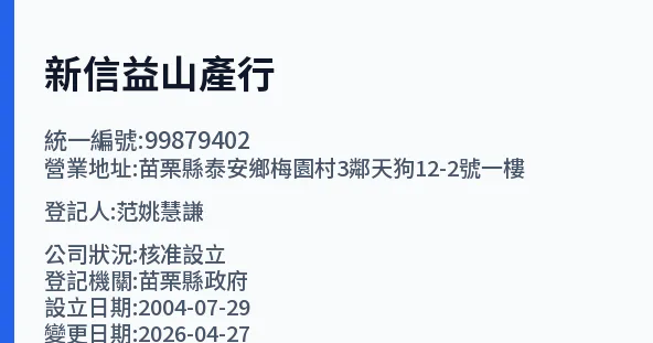 新信益山產行的照片-統編 99879402(苗栗縣) 公司登記資料與營業項目詳細圖表
