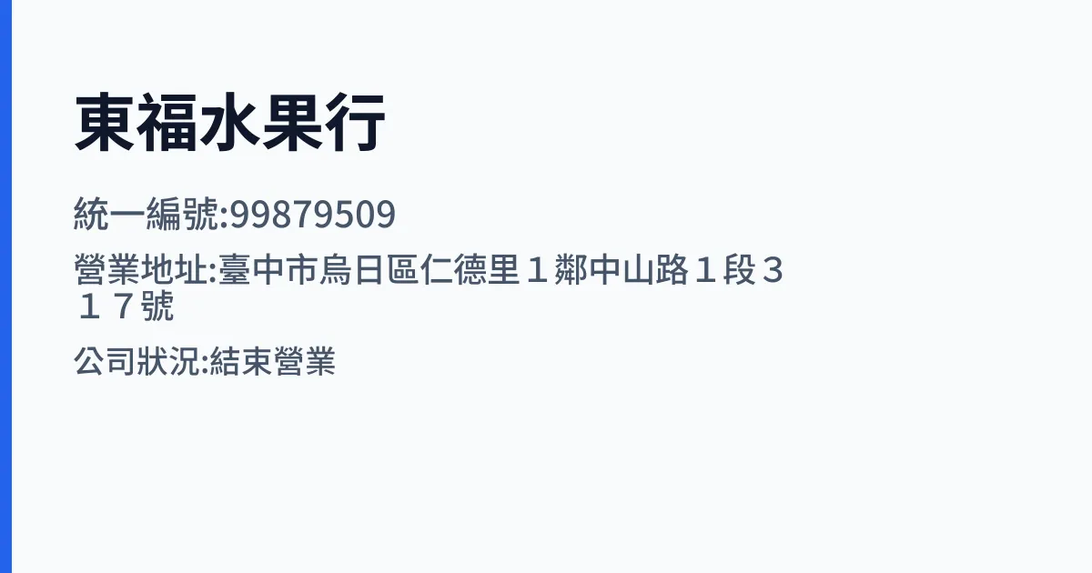 東福水果行 - 統編 99879509(臺中市) 公司登記資料與營業項目詳細圖表