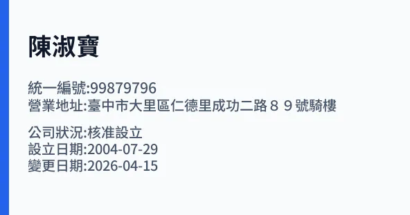 陳淑寶的照片-統編 99879796(臺中市) 公司登記資料與營業項目詳細圖表