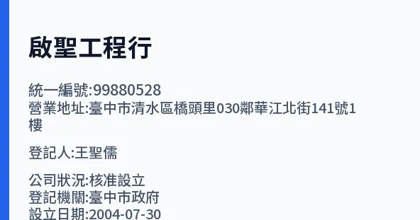 啟聖工程行的照片-統編 99880528(臺中市) 公司登記資料與營業項目詳細圖表