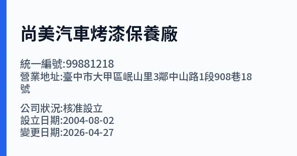 尚美汽車烤漆保養廠的照片-統編 99881218(臺中市) 公司登記資料與營業項目詳細圖表