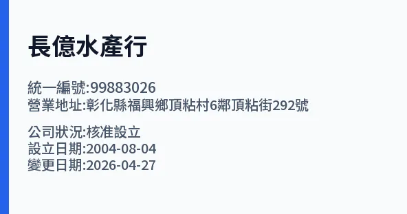 長億水產行的照片-統編 99883026(彰化縣) 公司登記資料與營業項目詳細圖表