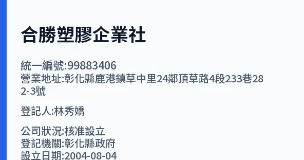 合勝塑膠企業社的照片-統編 99883406(彰化縣) 公司登記資料與營業項目詳細圖表
