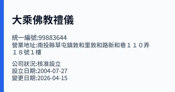 大乘佛教禮儀的照片-統編 99883644(南投縣) 公司登記資料與營業項目詳細圖表