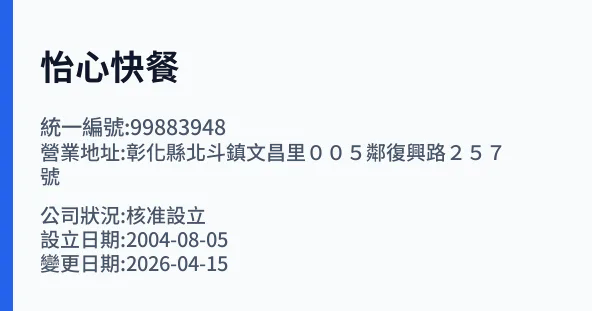 怡心快餐的照片-統編 99883948(彰化縣) 公司登記資料與營業項目詳細圖表