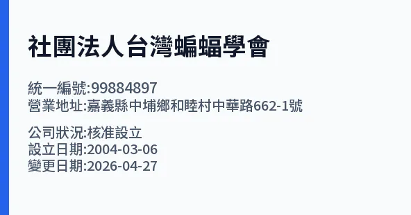 社團法人台灣蝙蝠學會的照片-統編 99884897(嘉義縣) 公司登記資料與營業項目詳細圖表