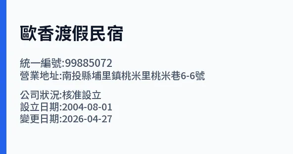 歐香渡假民宿的照片-統編 99885072(南投縣) 公司登記資料與營業項目詳細圖表