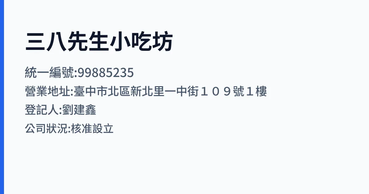 三八先生小吃坊 - 統編 99885235(臺中市) 公司登記資料與營業項目詳細圖表