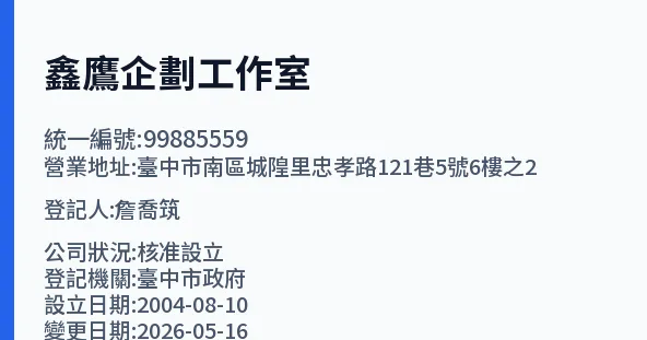 鑫鷹企劃工作室的照片-統編 99885559(臺中市) 公司登記資料與營業項目詳細圖表
