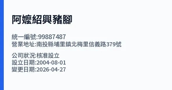 阿嬤紹興豬腳的照片-統編 99887487(南投縣) 公司登記資料與營業項目詳細圖表