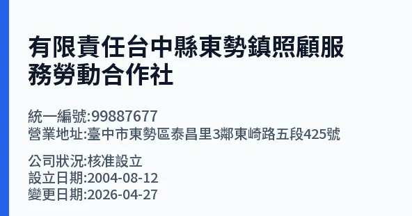 有限責任台中縣東勢鎮照顧服務勞動合作社的照片-統編 99887677(臺中市) 公司登記資料與營業項目詳細圖表