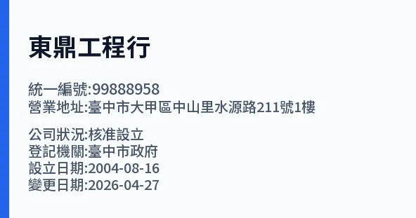 東鼎工程行的照片-統編 99888958(臺中市) 公司登記資料與營業項目詳細圖表