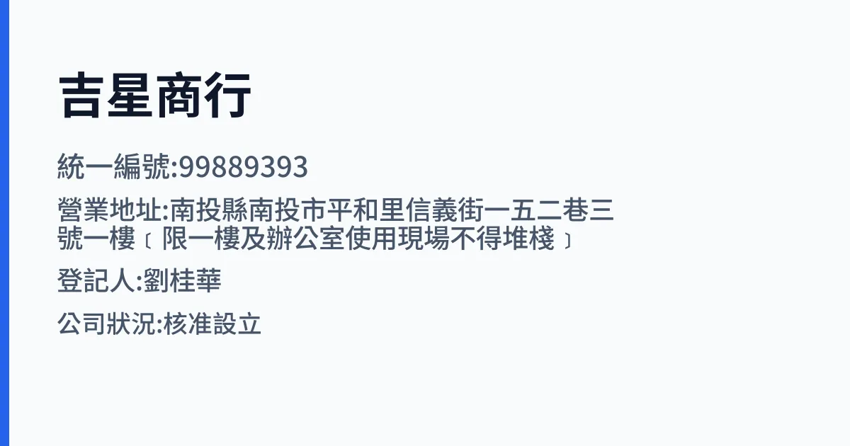 吉星商行 - 統編 99889393(南投縣) 公司登記資料與營業項目詳細圖表