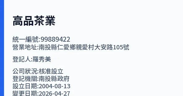 高品茶業的照片-統編 99889422(南投縣) 公司登記資料與營業項目詳細圖表