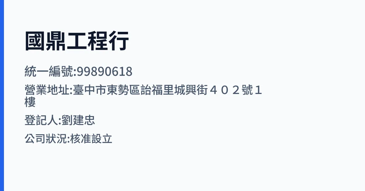 國鼎工程行 - 統編 99890618（臺中市） 公司登記資料與營業項目詳細圖表
